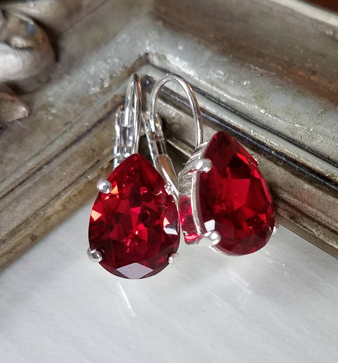 Austrian Crystal Earrings, Silver, Pear Shape, Scarlet, Lever Backs - Etsy