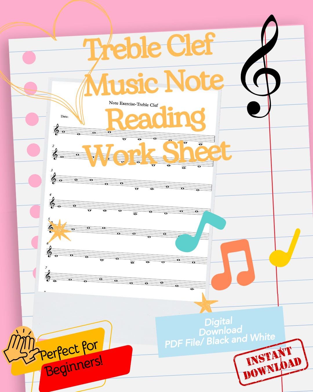 Music Note Reading Worksheet-treble Clef (PDF File Download-3 Pages ...