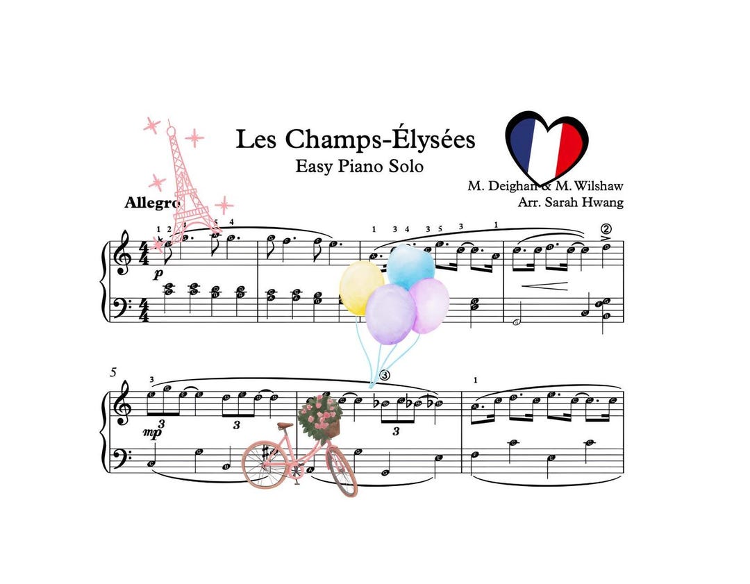 Les Champs Elysees-arranged Music for Easy Piano. Famous French Song ...