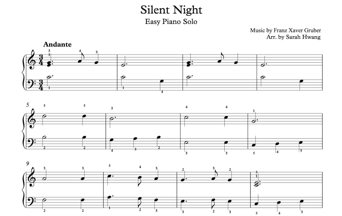 Silent Night Easy Piano Arrangement, Sheet Music, Beginner, Digital ...