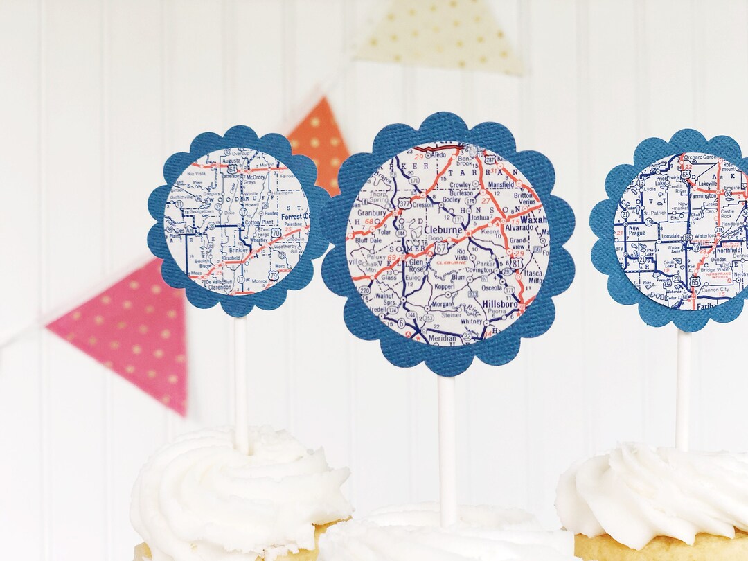 Vintage Map Cupcake Topper Toppers Bridal Shower Birthday Party Baby ...
