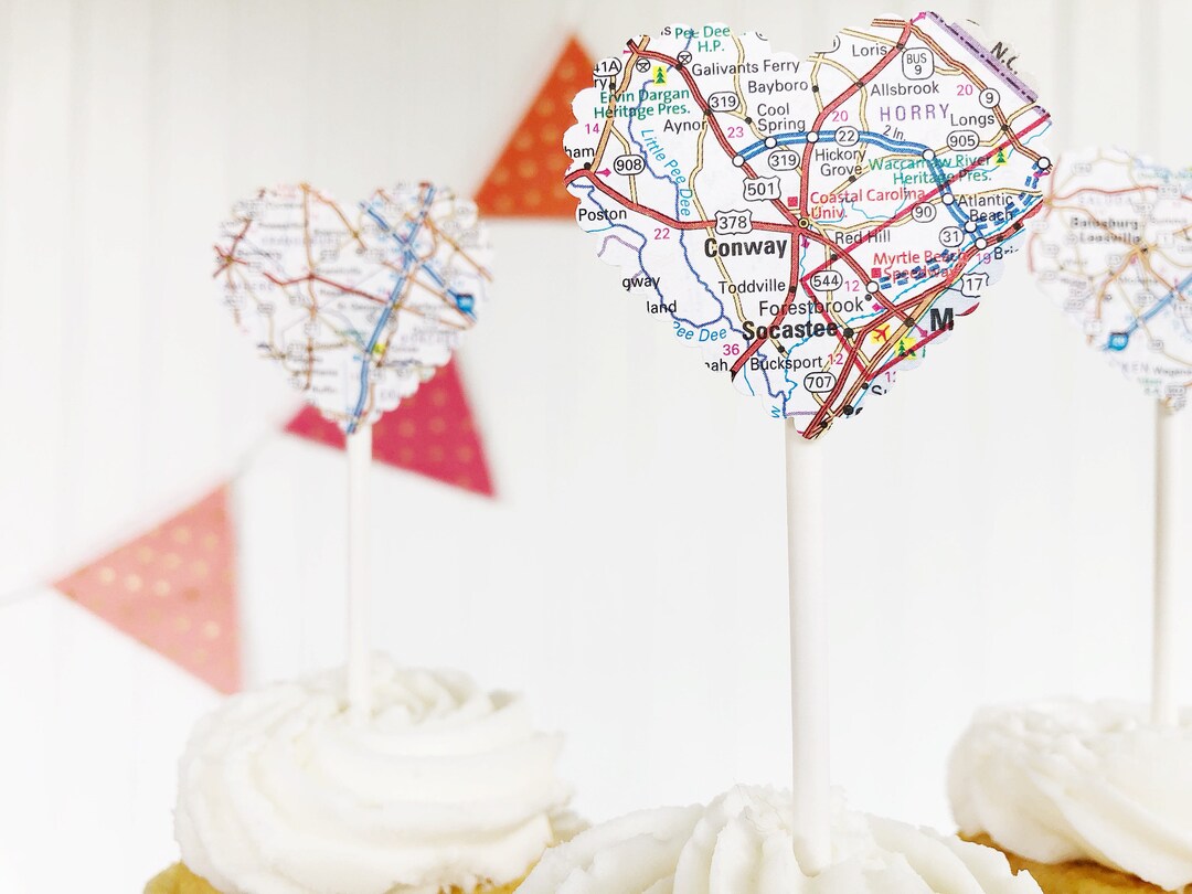 Map Heart Cupcake Topper Toppers Bridal Shower Wedding Birthday Party ...