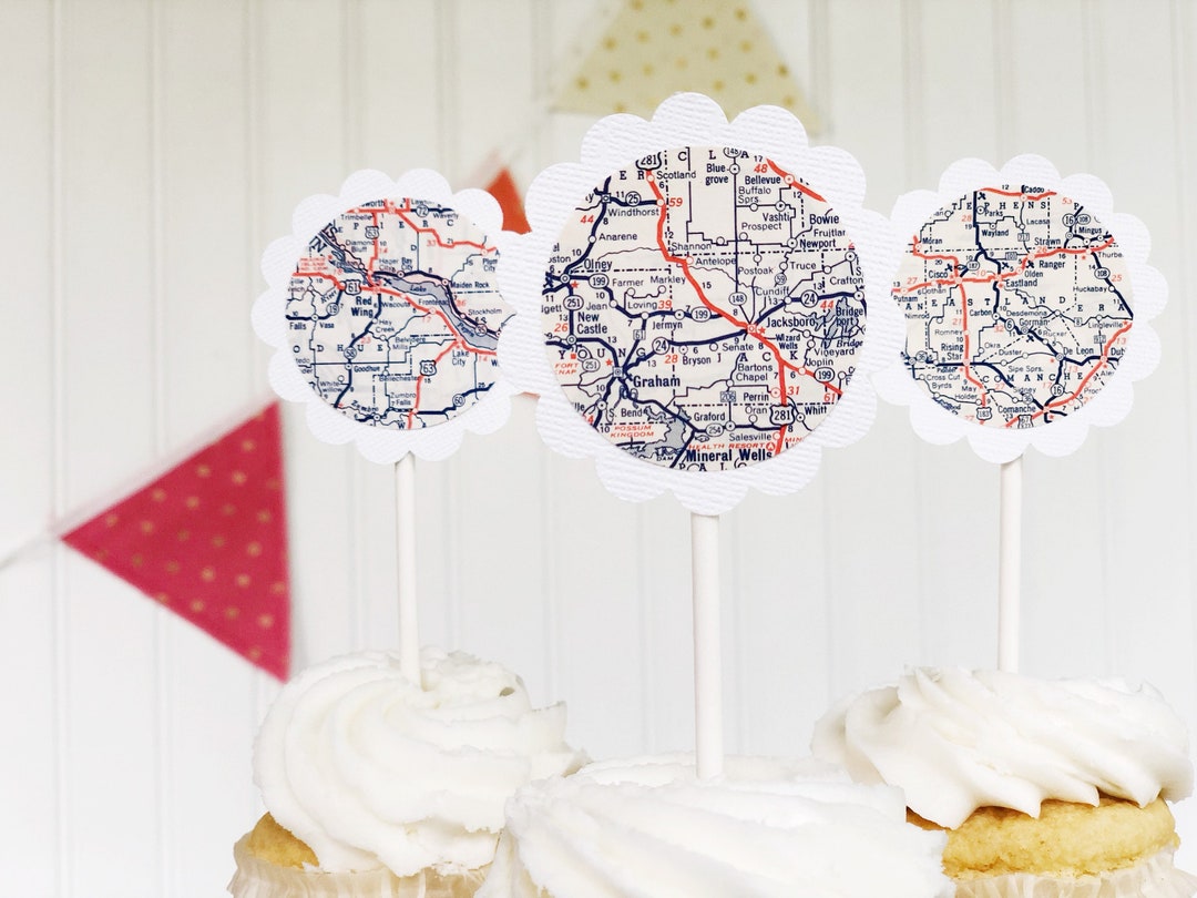 Vintage Map Cupcake Topper Toppers Bridal Shower Birthday Party Baby ...