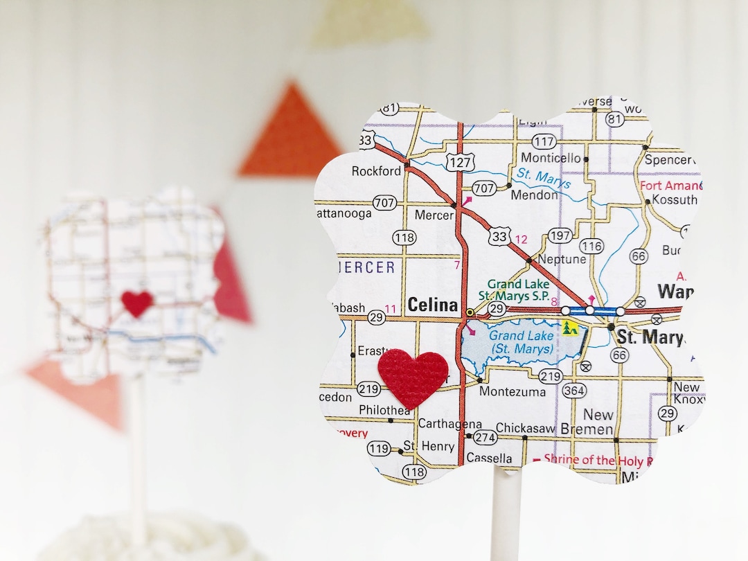 Map Cupcake Topper Toppers Heart Location Bridal Shower Birthday Party ...