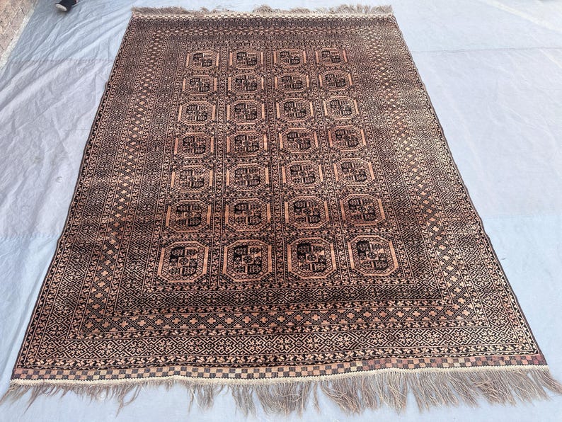 7x9 Antique Turkmen Rug | Brown Elephant Foot Design | Afghan Hand ...