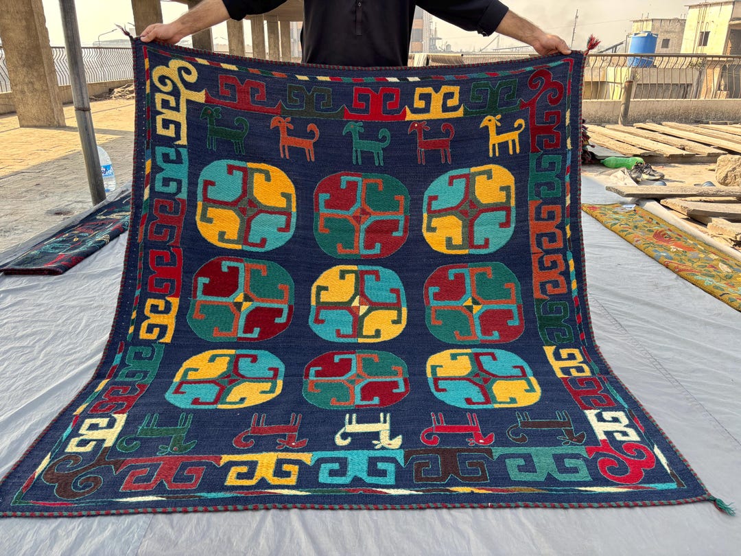 Navy Blue Uzbek Suzani 5.6x6 Ft Hand Embroidered Wall Hanging Vintage ...