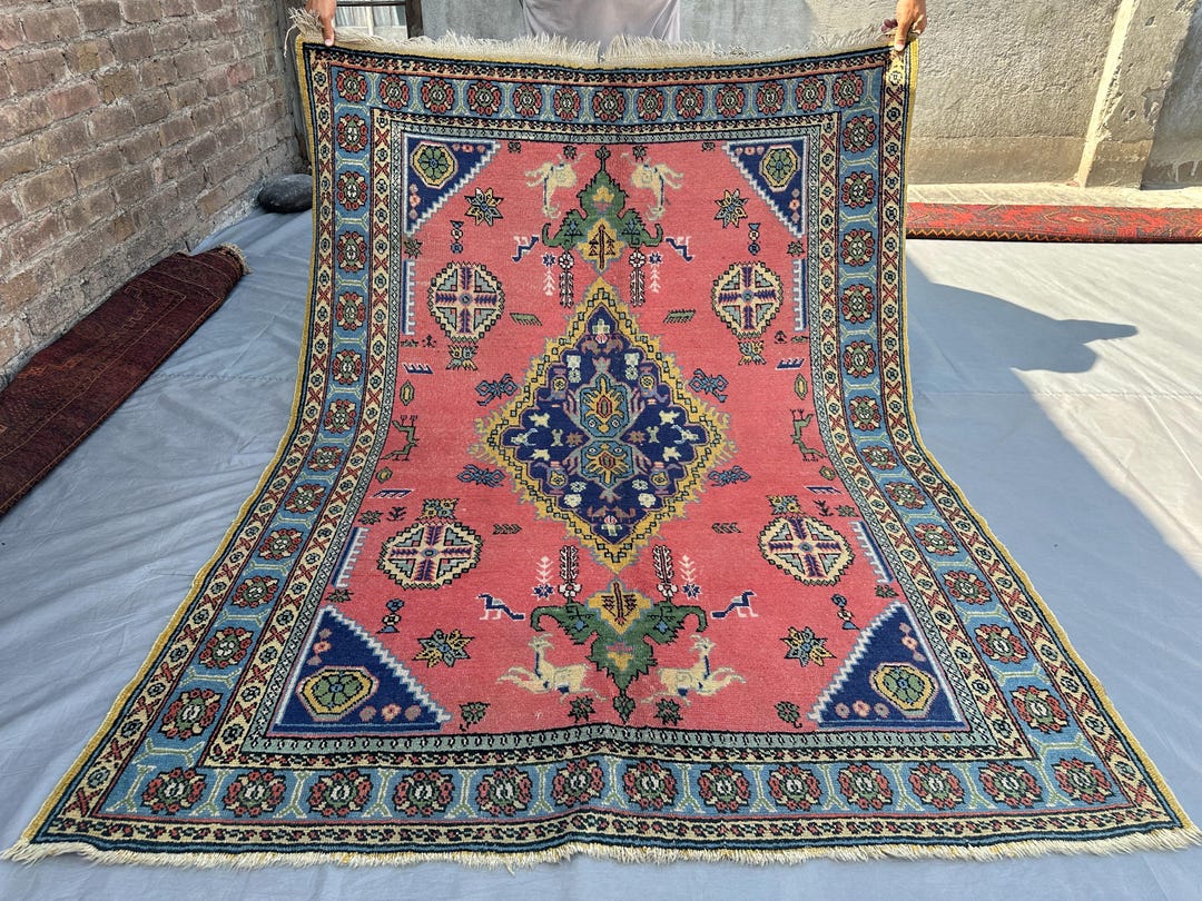 5x6 Antique Caucasian Rug, Animal Design, Hand-knotted Wool Carpet ...