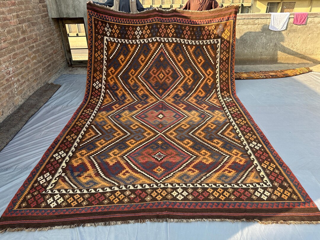 Antique 1950s Turkmen Flat Weave Kilim Rug 9x13 Ft Afghan Tribal Large ...