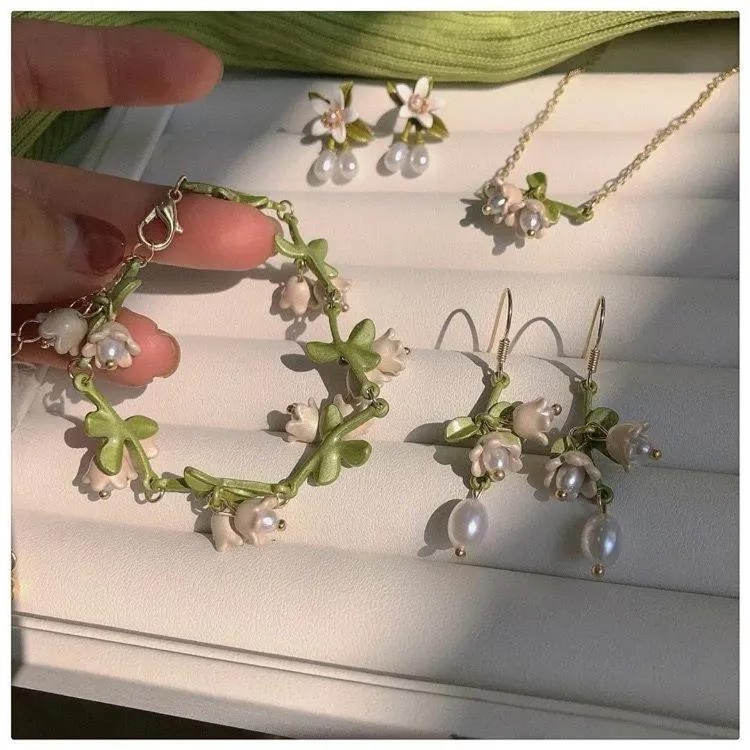 Lily of the Valley Jewelry Set – Floral Pearl Earrings, Bracelet ...
