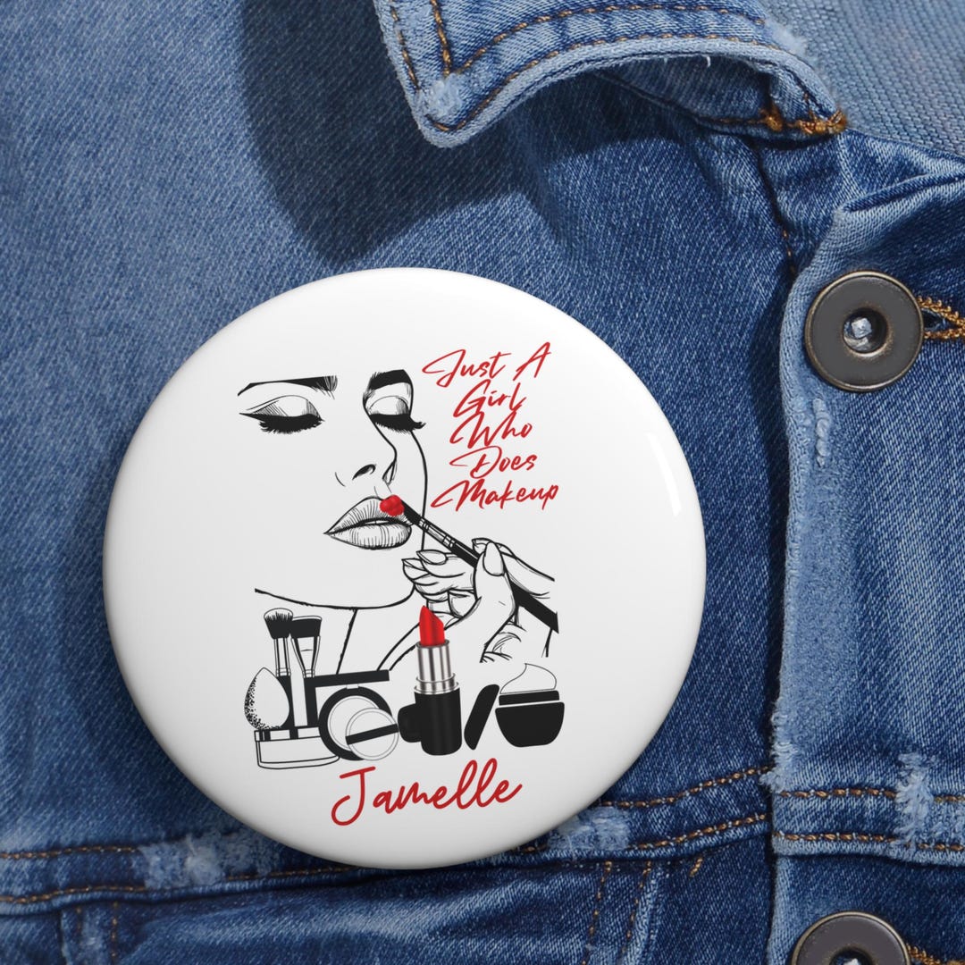 Personalized Makeup Illustration Pin Button, Personalized Name Cosmetic ...