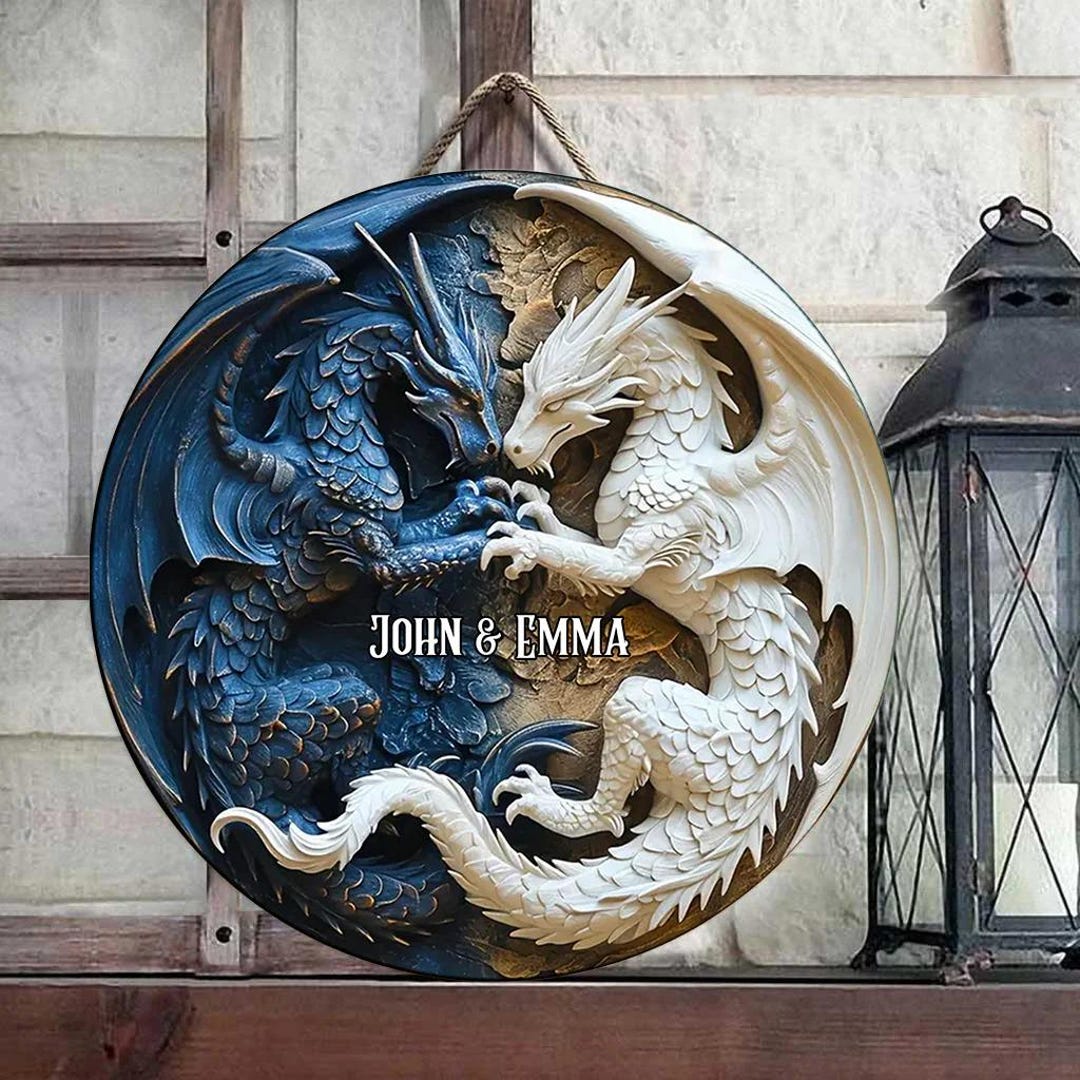Couple Dragons Personalized Dragon Round Wood Sign, Blue and White ...