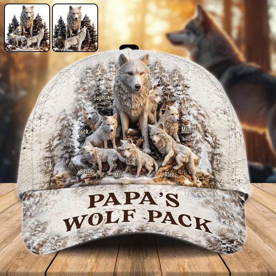 Personalized Papa's Wolf Pack Classic Cap, White Wolf Dad Baseball Hat ...