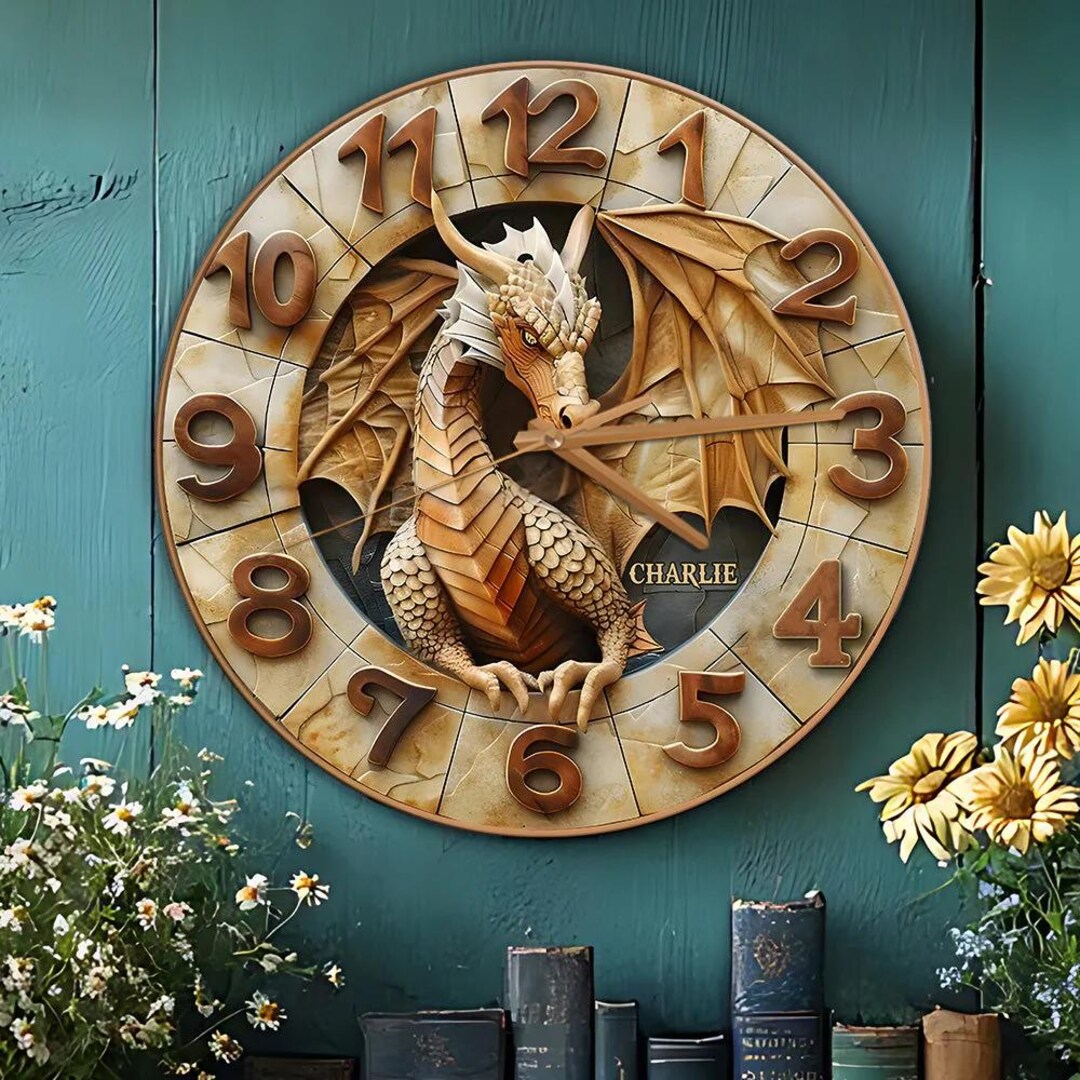 3D Golden Dragon Personalized Wall Clock Gift for Dragon Lover, Wooden ...