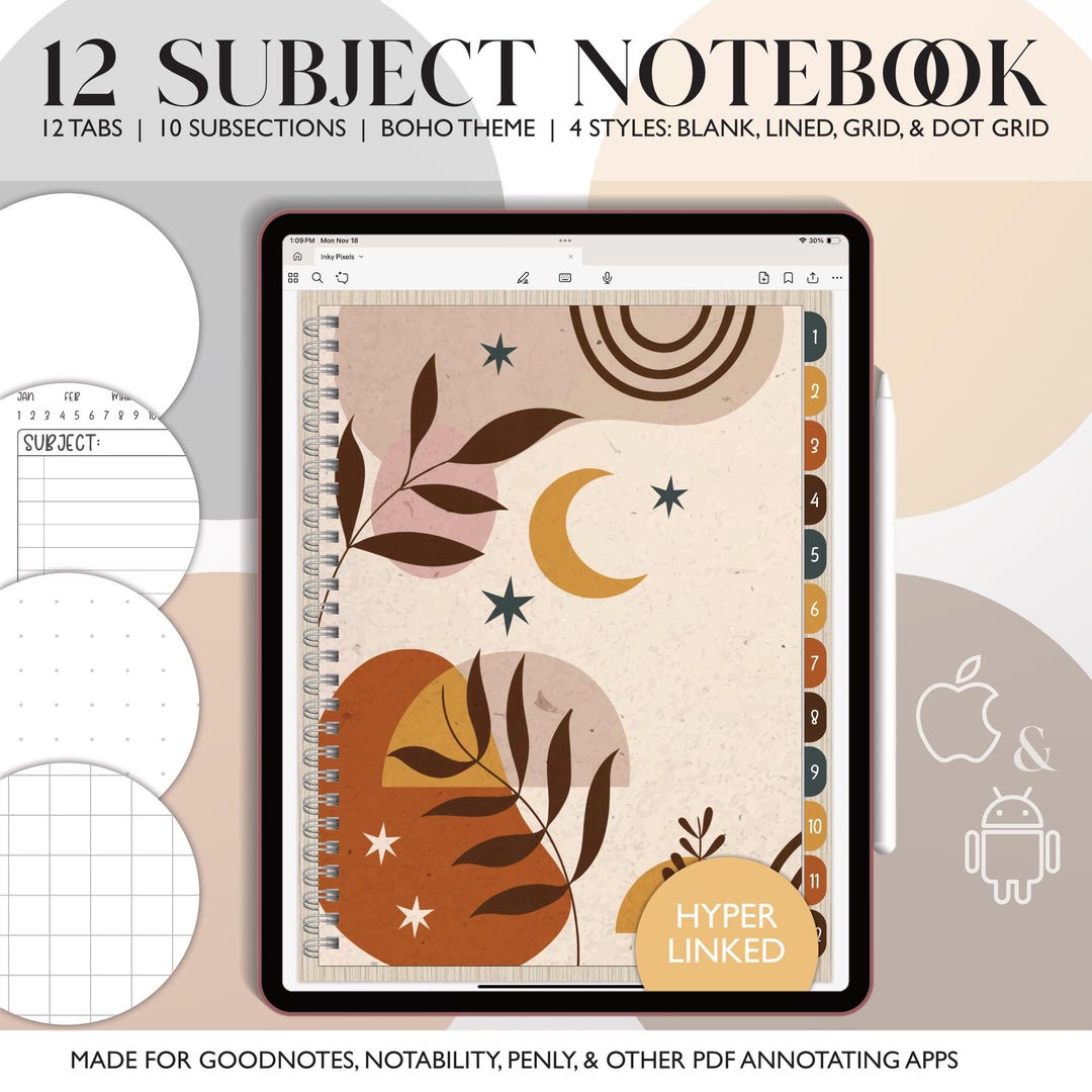 Digital Notebook | Boho Digital Journal | Hyperlinked Notebook for iPad ...