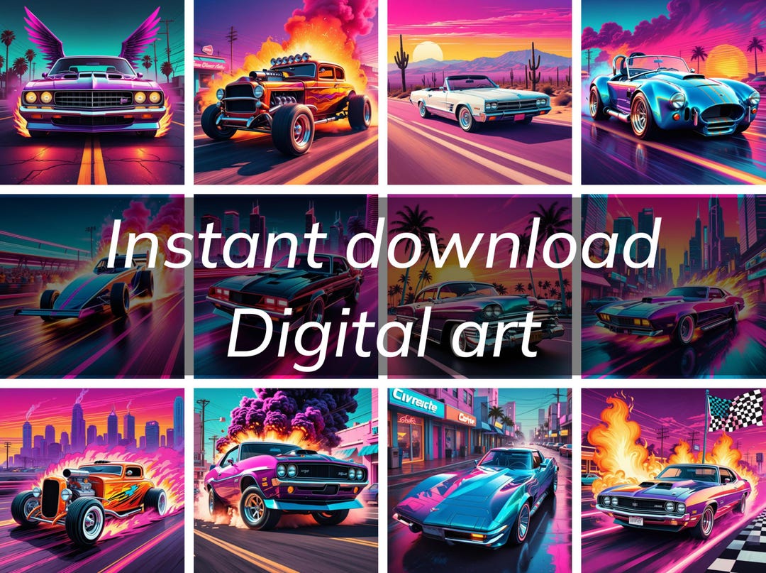 Retro Comic Car Digital Art Collection Vintage Hot Rod and Muscle Car ...