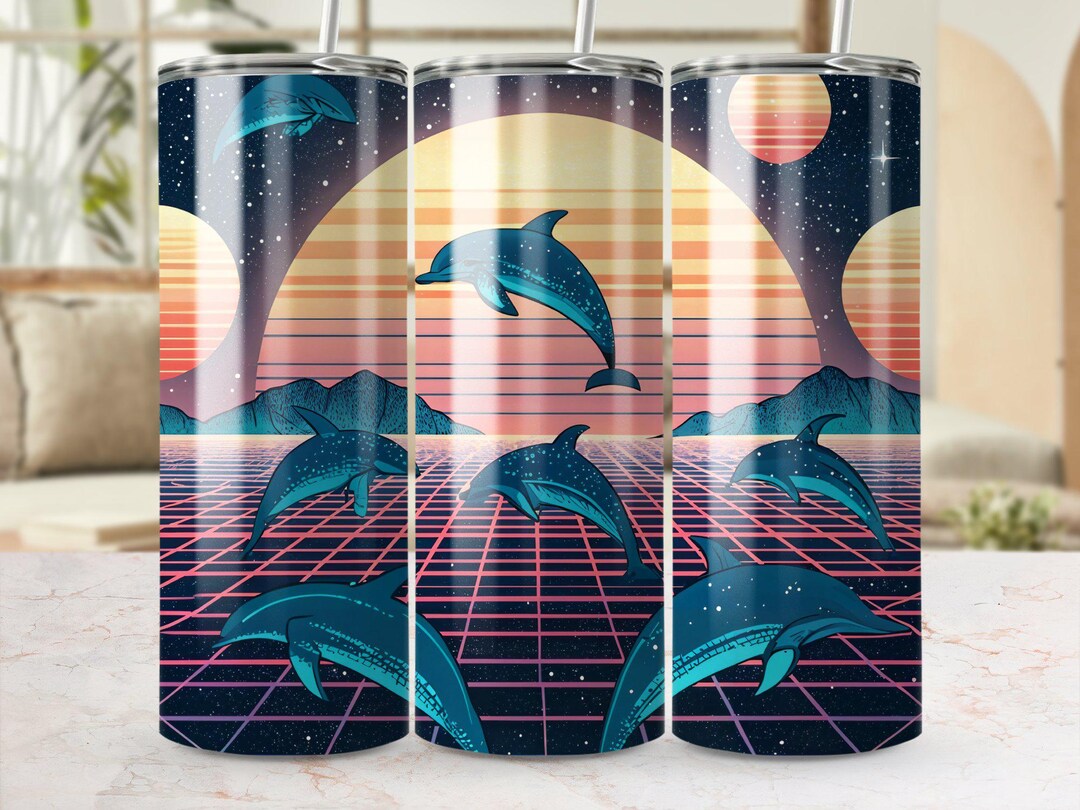 Dolphin Tumbler Wrap, Vaporwave PNG, 20 Oz Skinny, Sunset Gradient ...