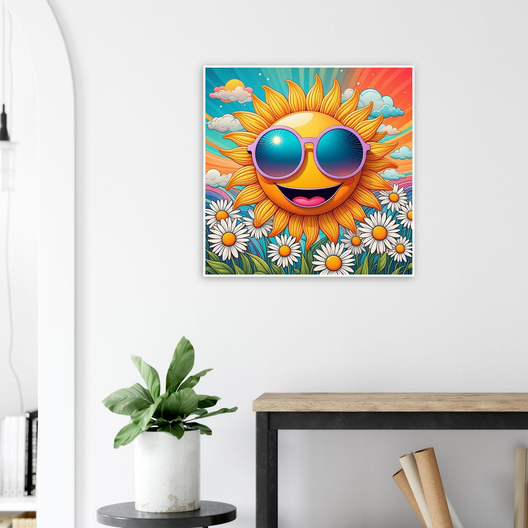 Cheerful Cartoon Sun With Sunglasses - Vibrant Sunrise Sunset Scene ...