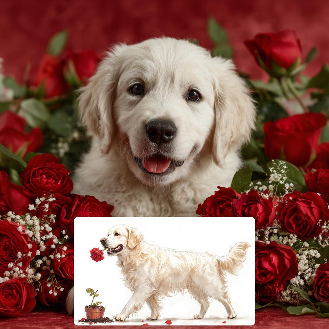 Golden Retriever Valentines Day Card - Red Rose Mischief - 5x7 Card - Etsy