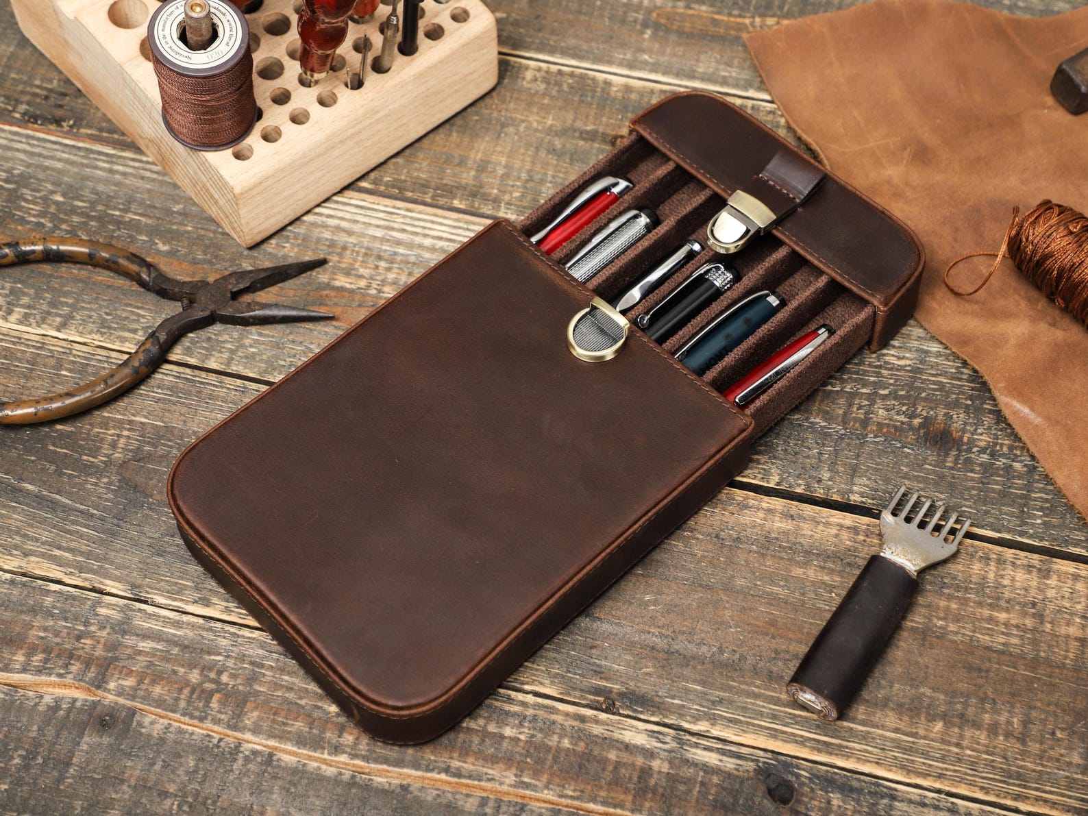 Custom Leather Pen Box, Fountain Pen Case, Leather Pen Holder, Office ...