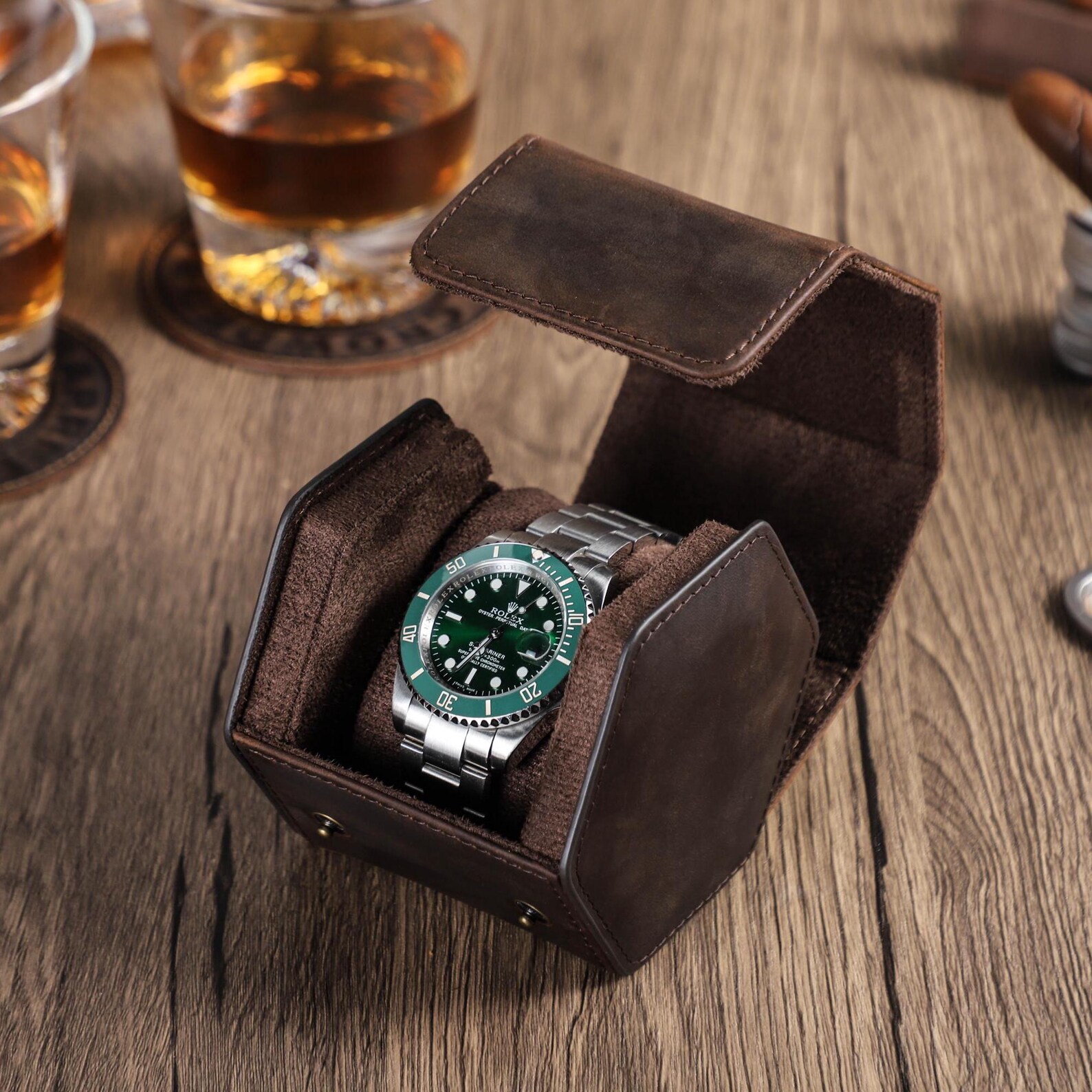 Personalized Leather Hexagonal Watch Box, 1/2 Watch Organizer Case ...