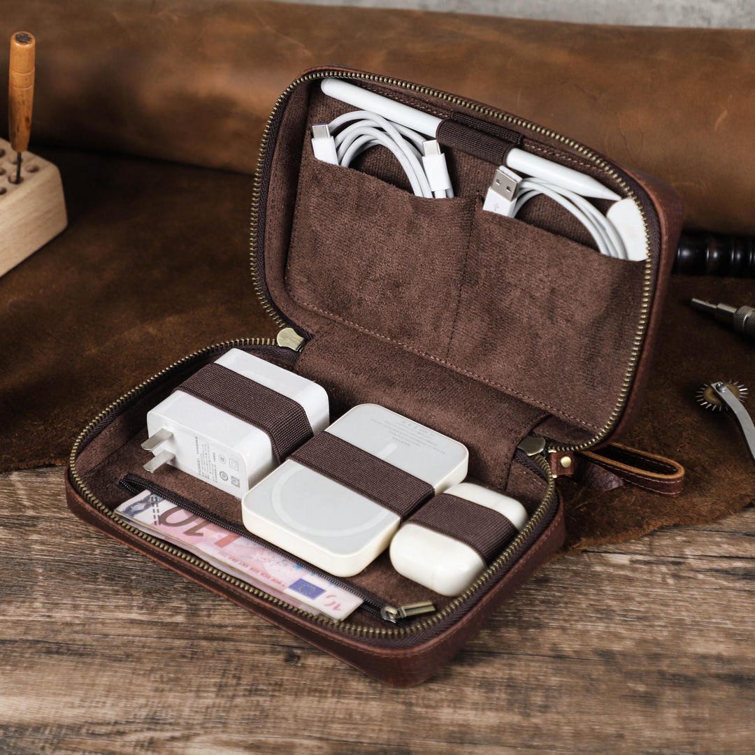 Leather Travel Tech Organizer Box, Cable Charger Storage Case, Travel ...