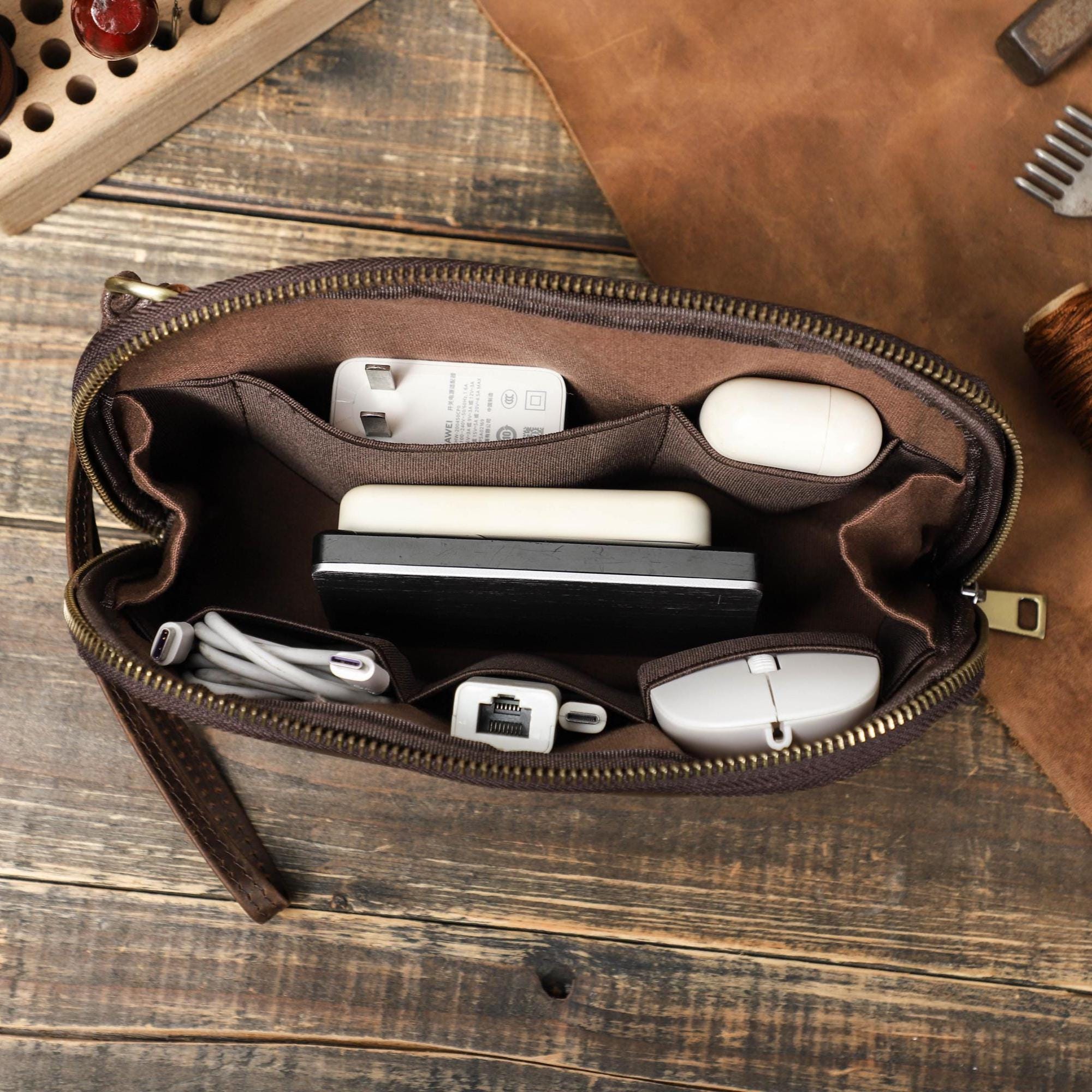 Personalized Leather Travel Tech Organizer Bag, Travel Electronics Accessories Bag, Cable and ...