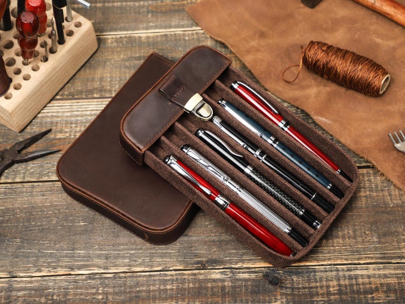 Custom Leather Pen Box, Fountain Pen Case, Leather Pen Holder, Office ...