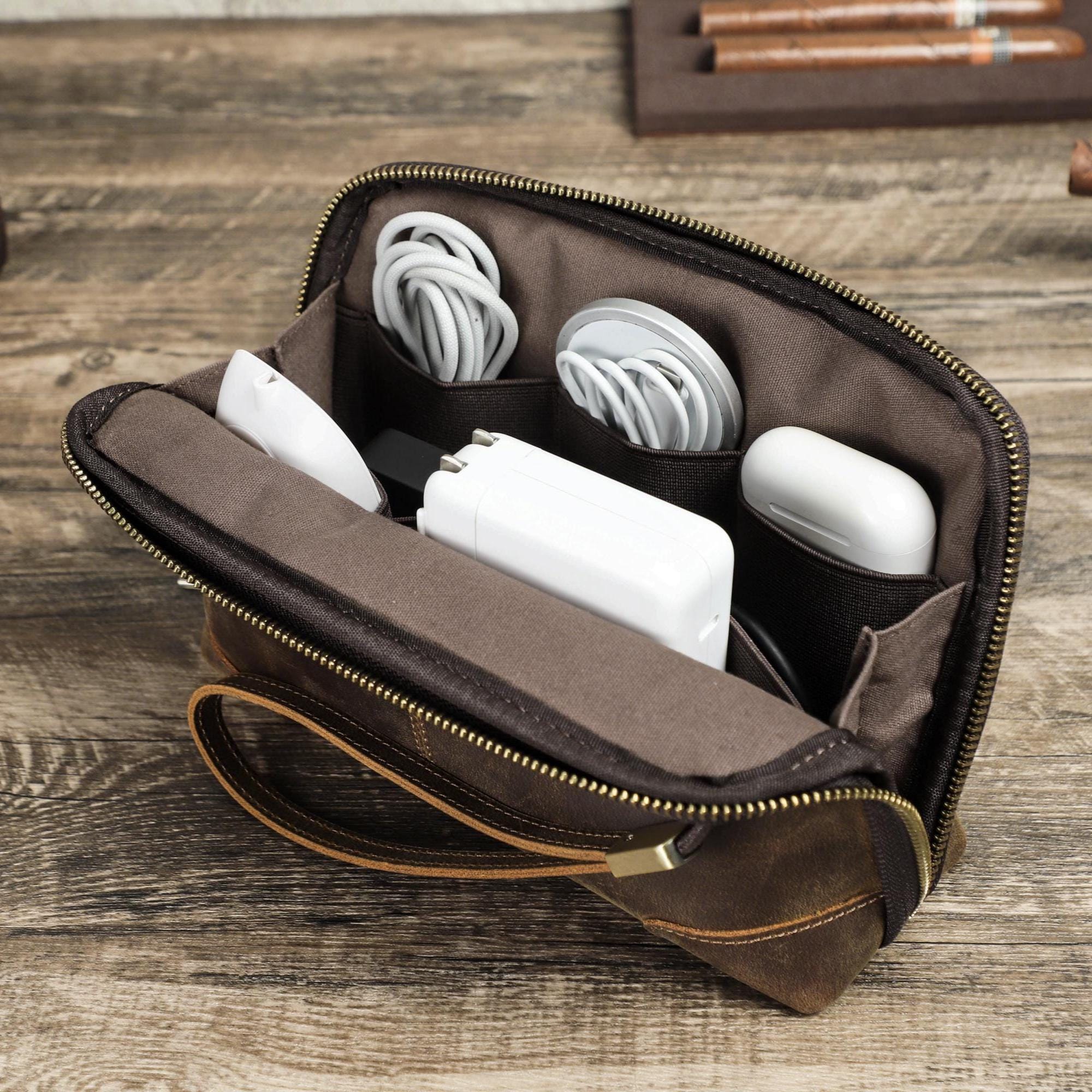 Personalized Leather Travel Tech Organizer Bag, Travel Electronics Accessories Bag, Cable and ...
