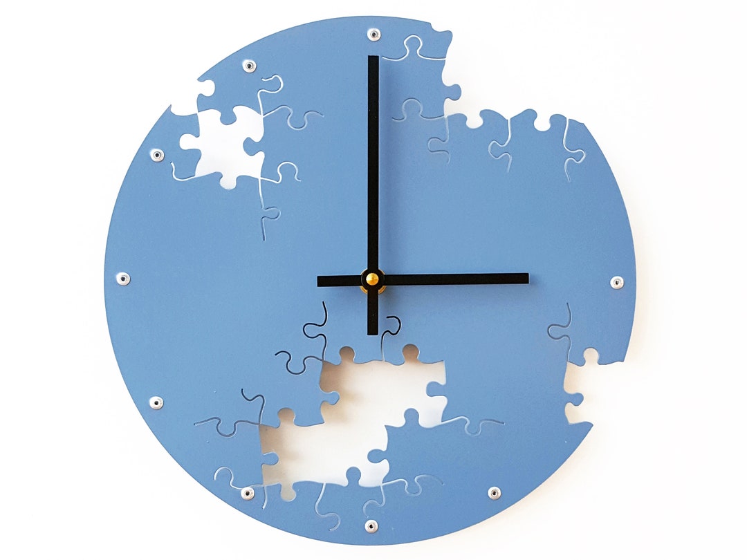 Puzzle IV Wall Clock / Slate Blue Metal Art / Laser Cut Unique Missing ...