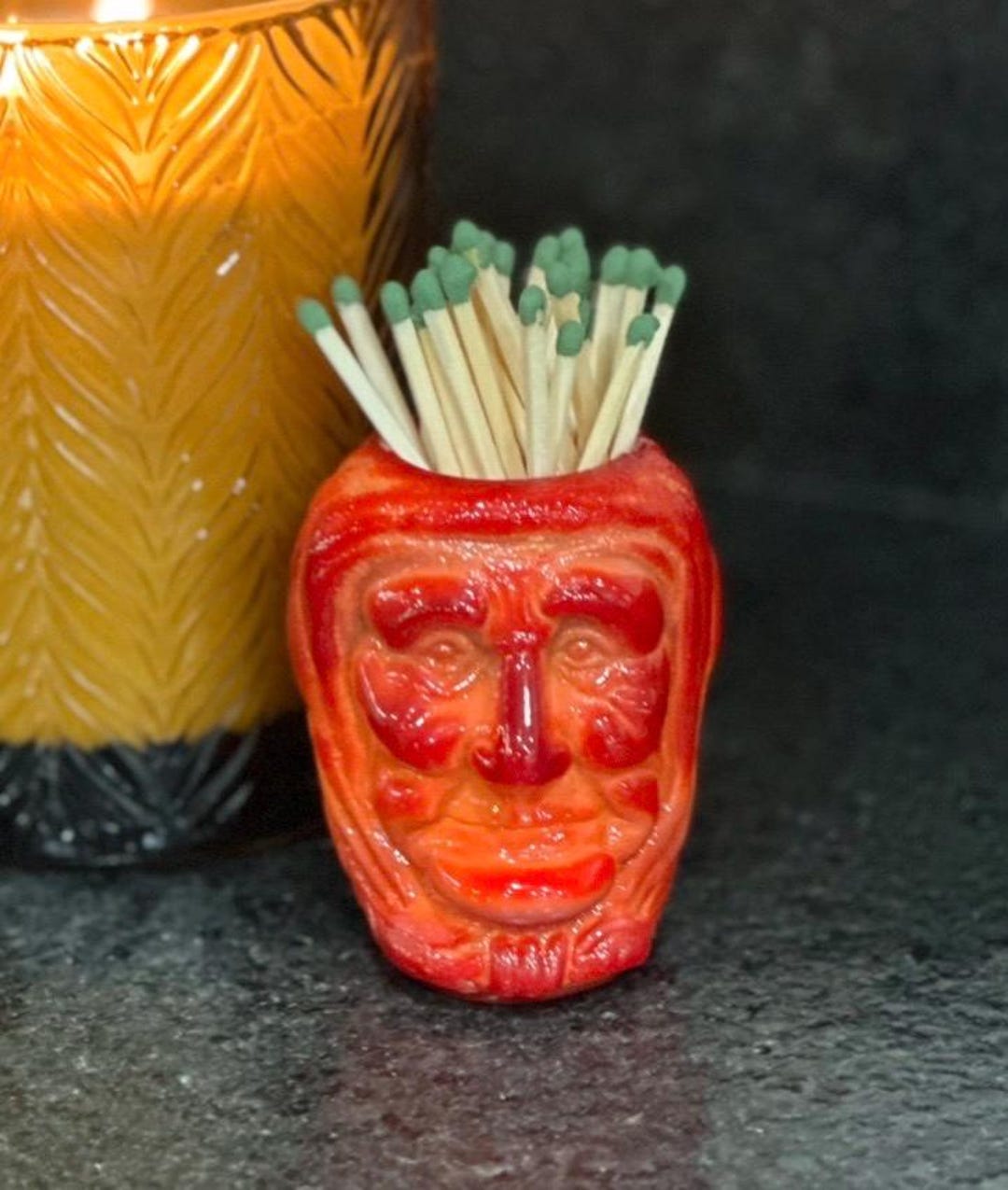 Antique Greentown Glass Company Rare Red Slag Witch Head Toothpick ...