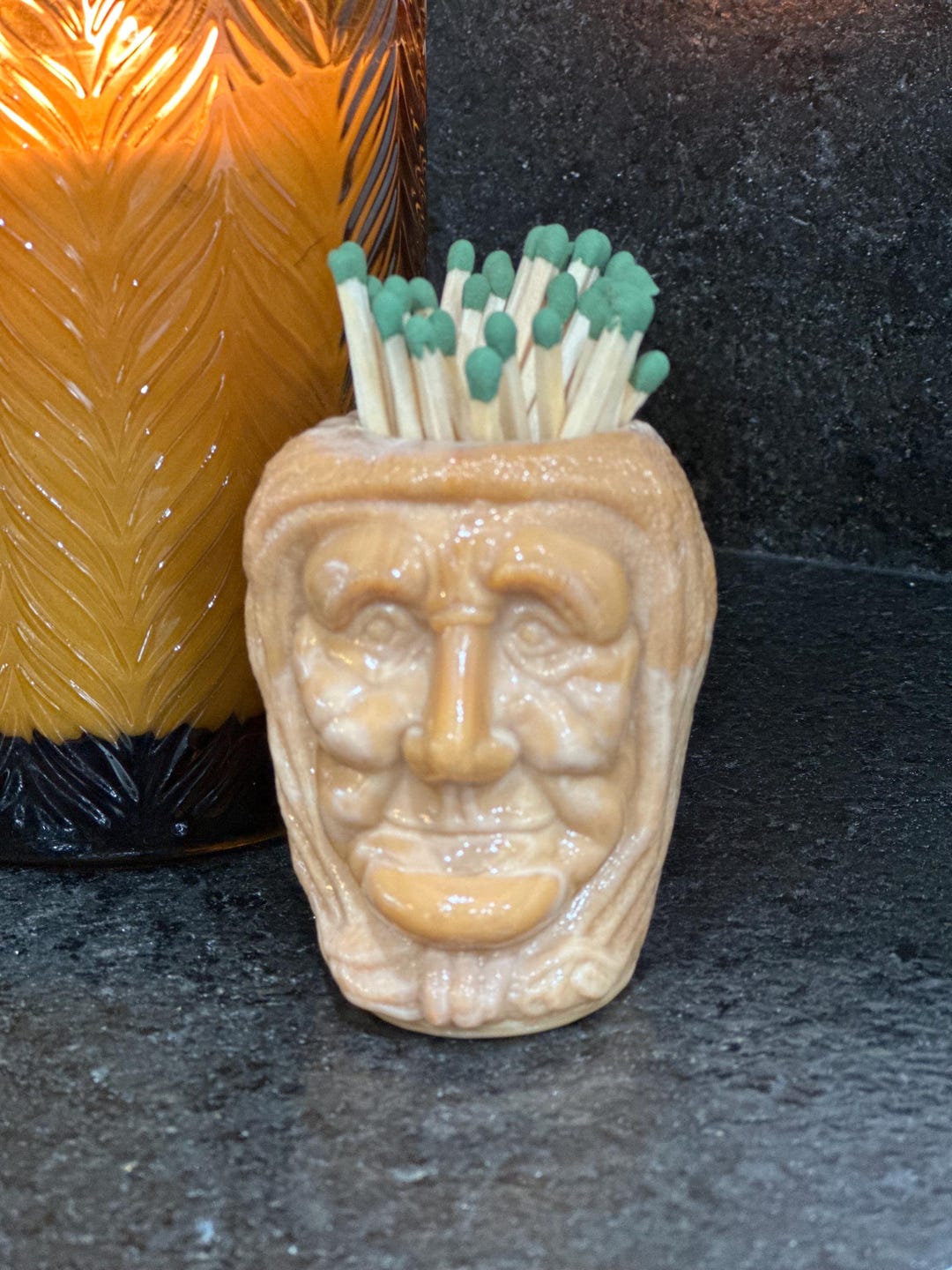 Antique Greentown Glass Company Caramel Slag Witch Head Toothpick ...