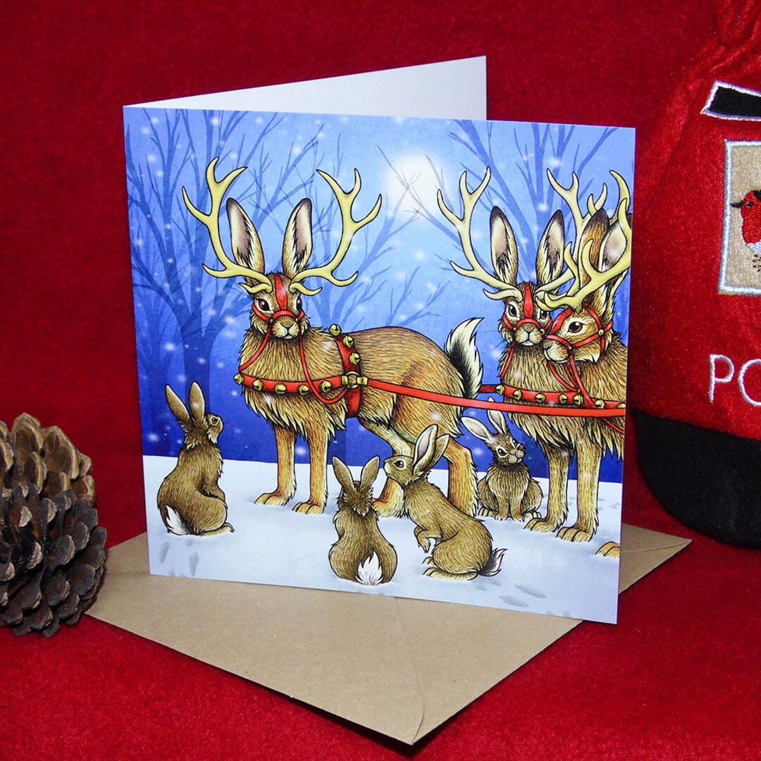 Jackalope Sleigh Illustration Square Christmas Card - Etsy