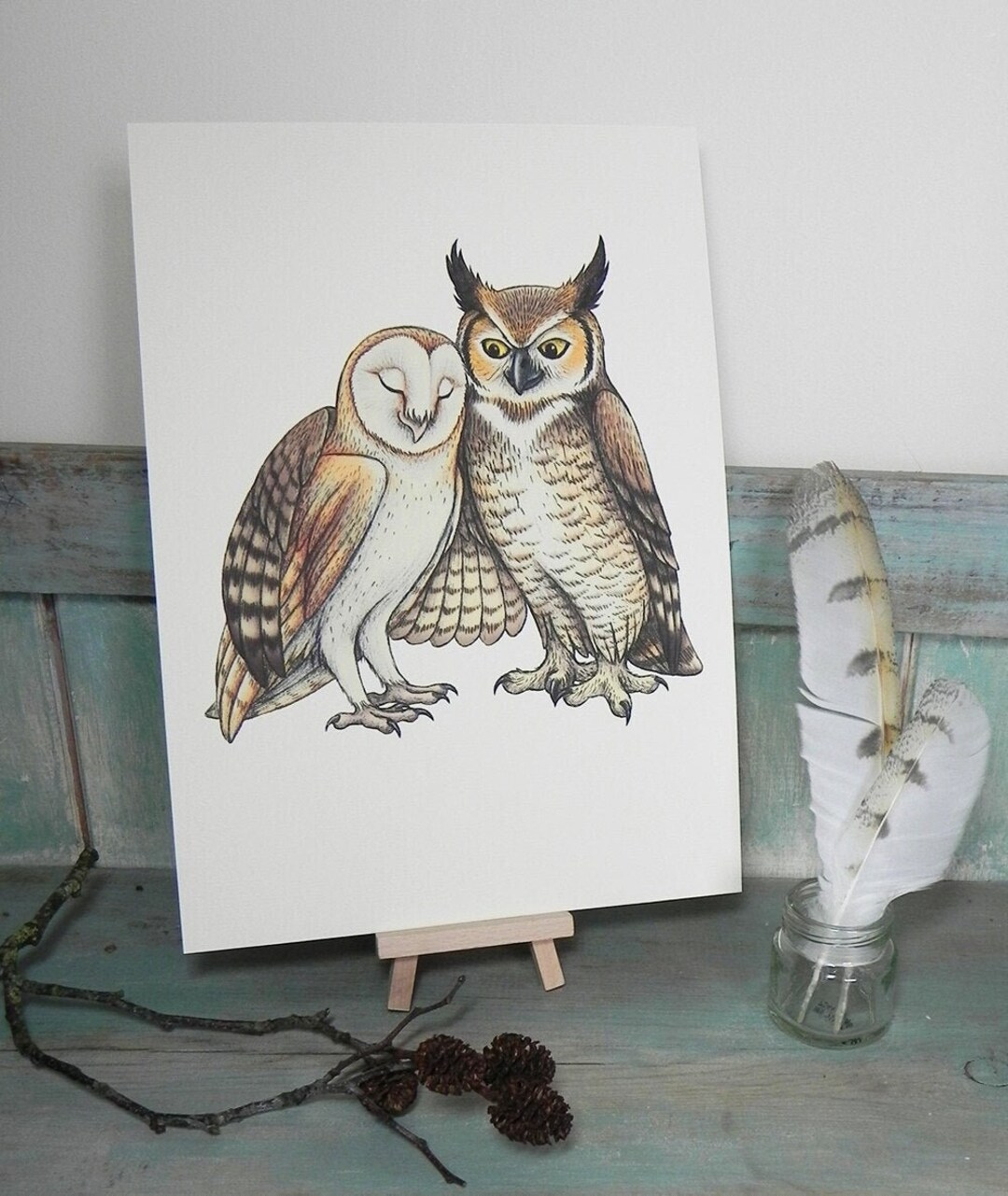 Owl Couple Illustration A4 Print - Etsy