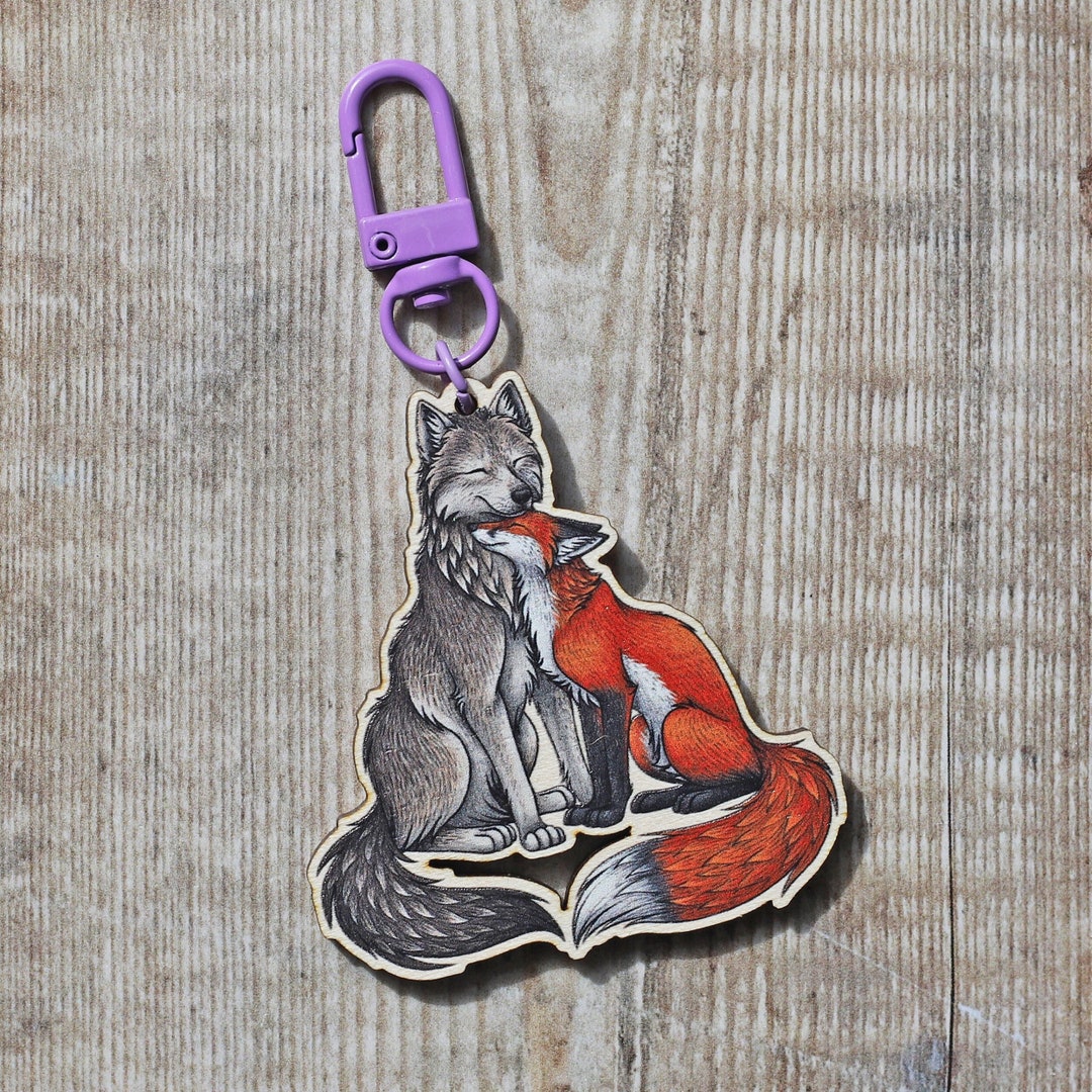 Wolf & Fox Illustration Wooden Keyring - Etsy