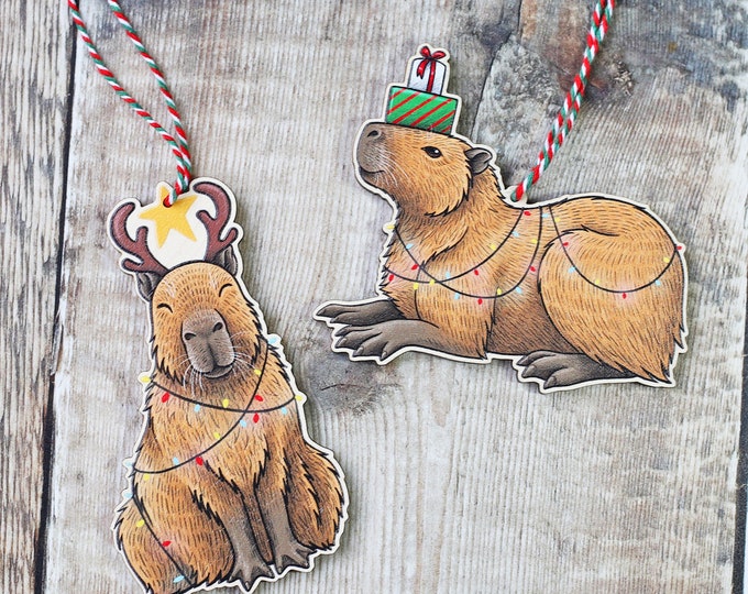 Christmas Capybara Wooden Decorations Xmas Bauble Set Handmade Cute ...