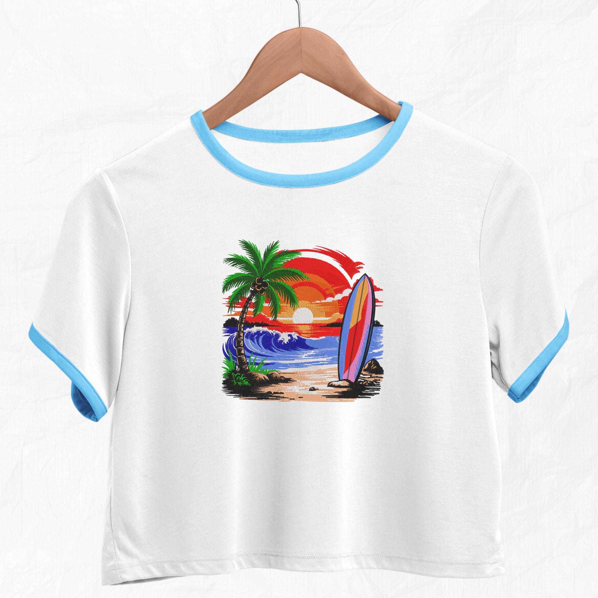 Tropical Beach Sunset With Surfboard Embroidery Design, Sunset Machine ...