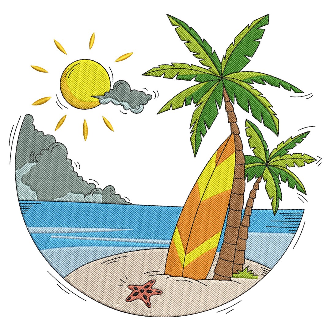 Tropical Beach With Surfboard Embroidery Design, Palm Tree Machine ...