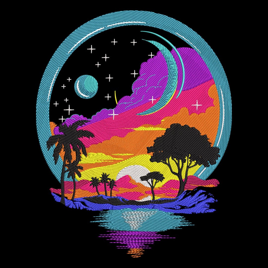 Cosmic Sunset Landscape Embroidery Design, Colorful Landscape Machine ...