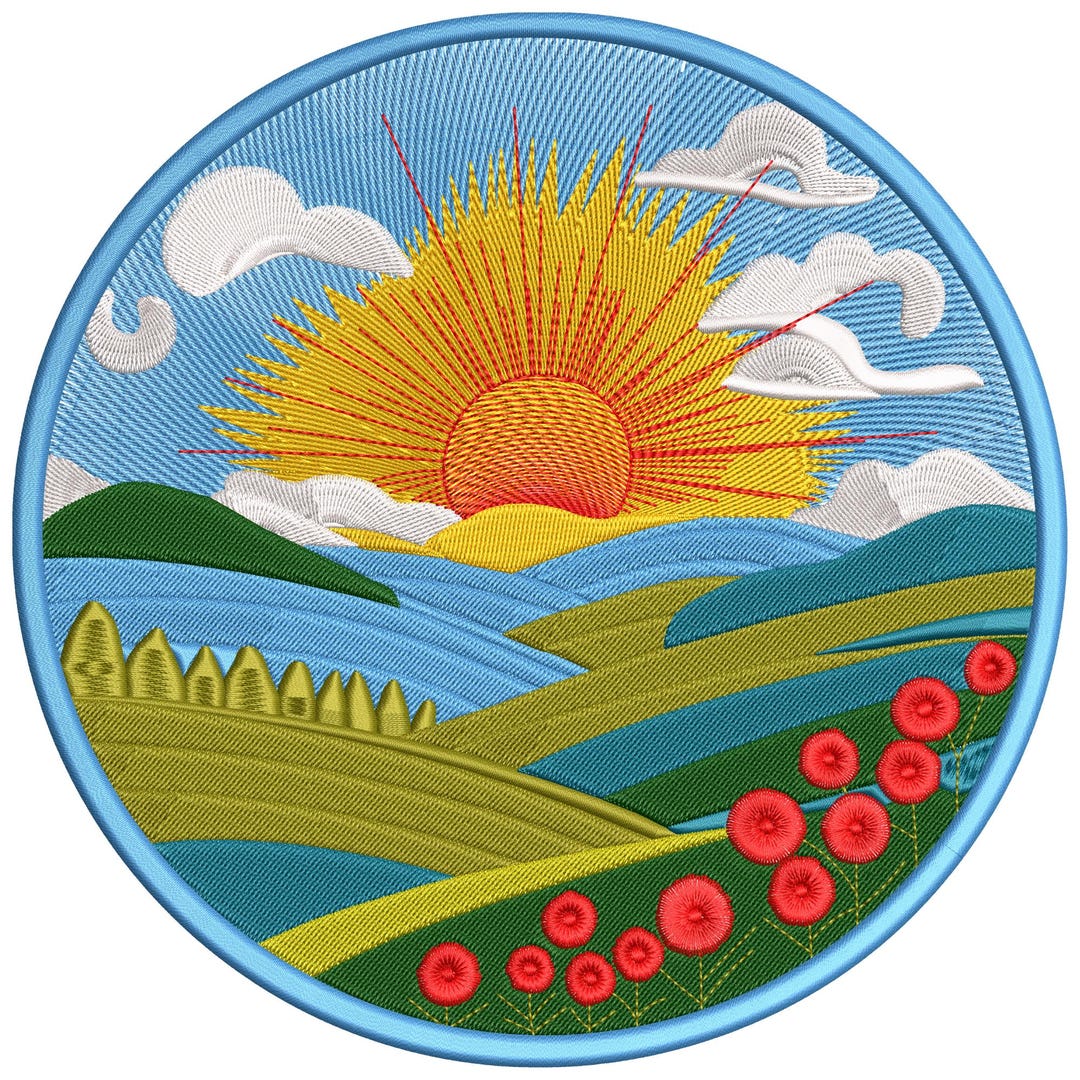 Sunrise Over Rolling Hills Embroidery Design, Mountain Scene Embroidery ...