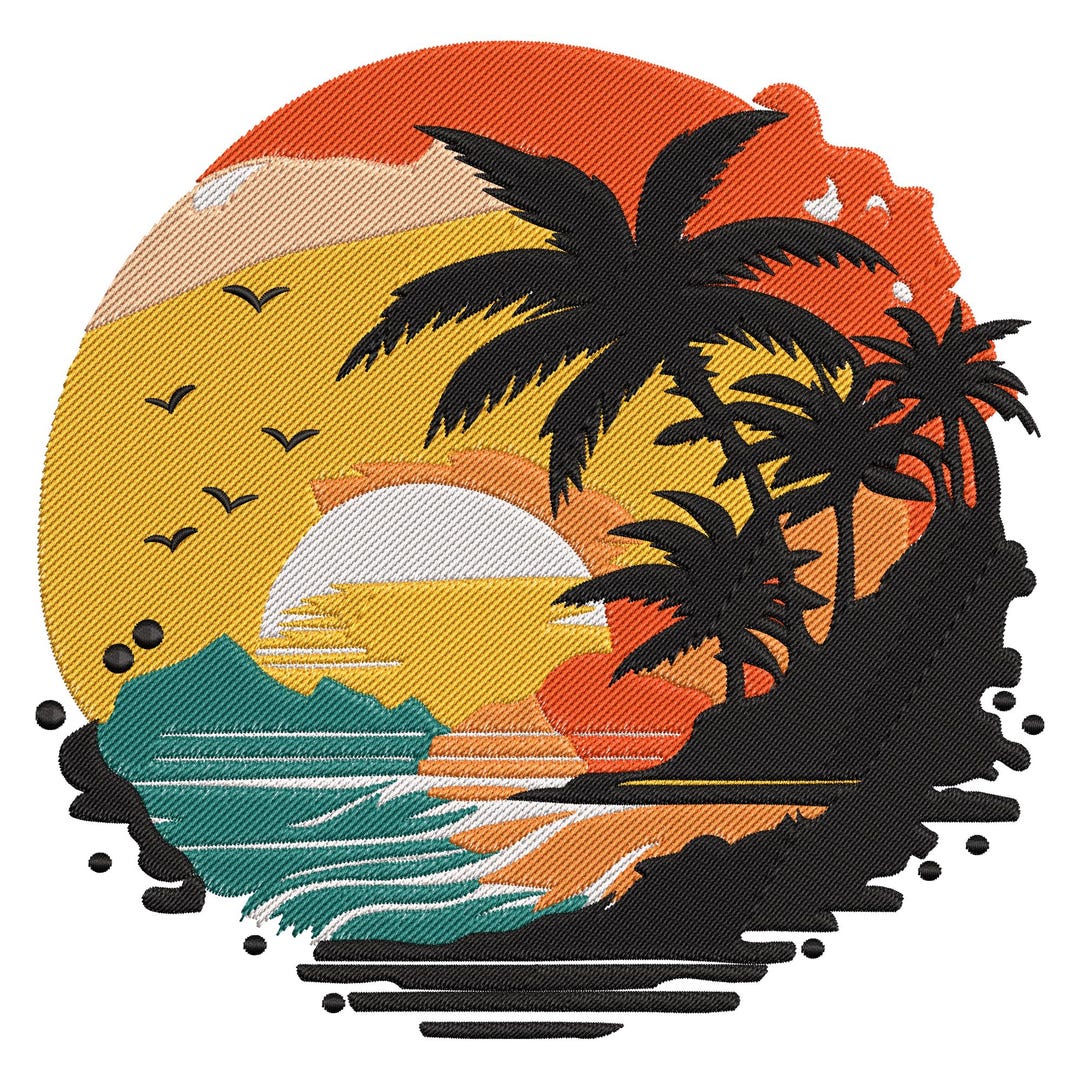 Tropical Sunset Beach Embroidery Design, Palm Tree & Ocean Waves ...