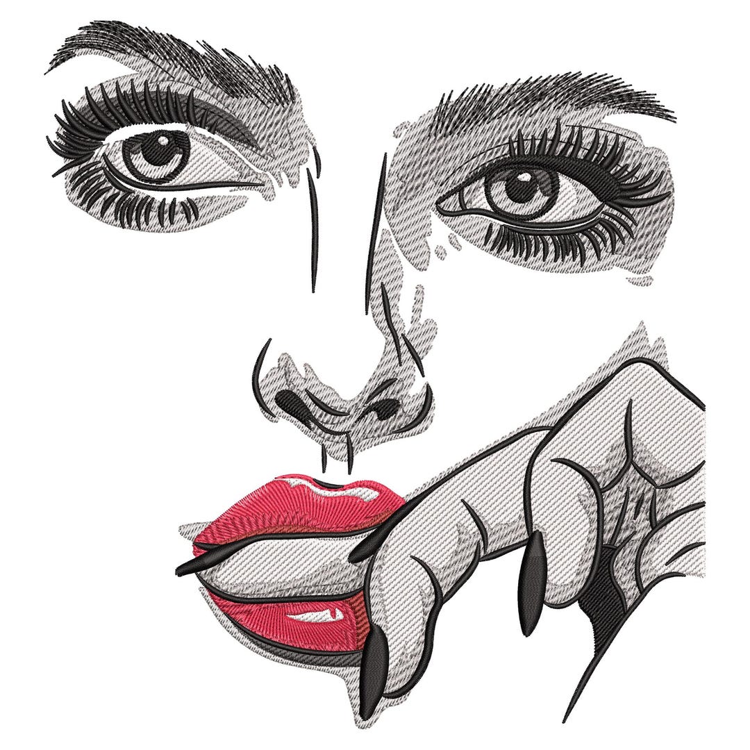 Bold and Alluring Face Embroidery Design, Beautiful Woman Face With Red ...