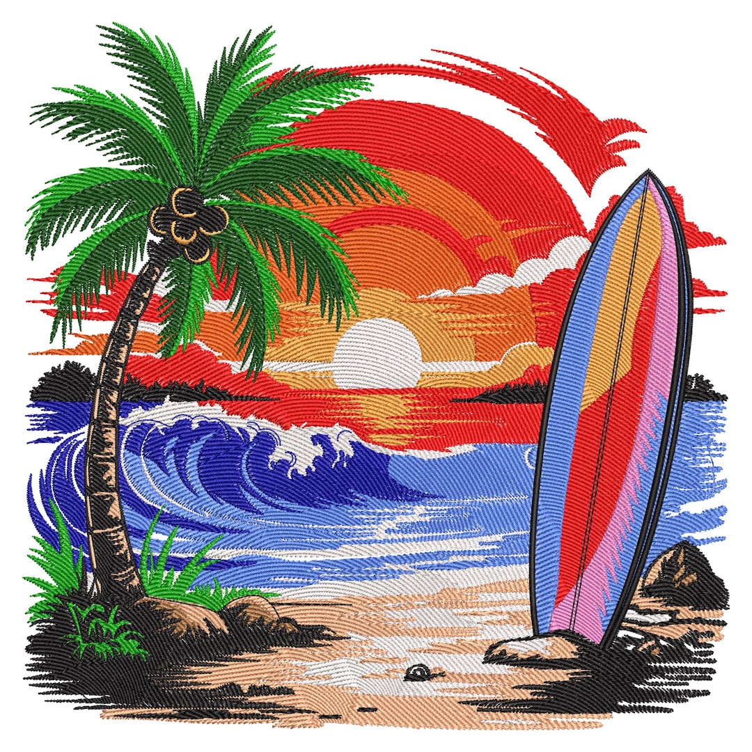 Tropical Beach Sunset With Surfboard Embroidery Design, Sunset Machine ...