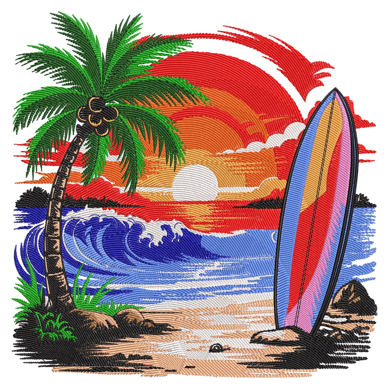 Tropical Beach Sunset With Surfboard Embroidery Design, Sunset Machine ...