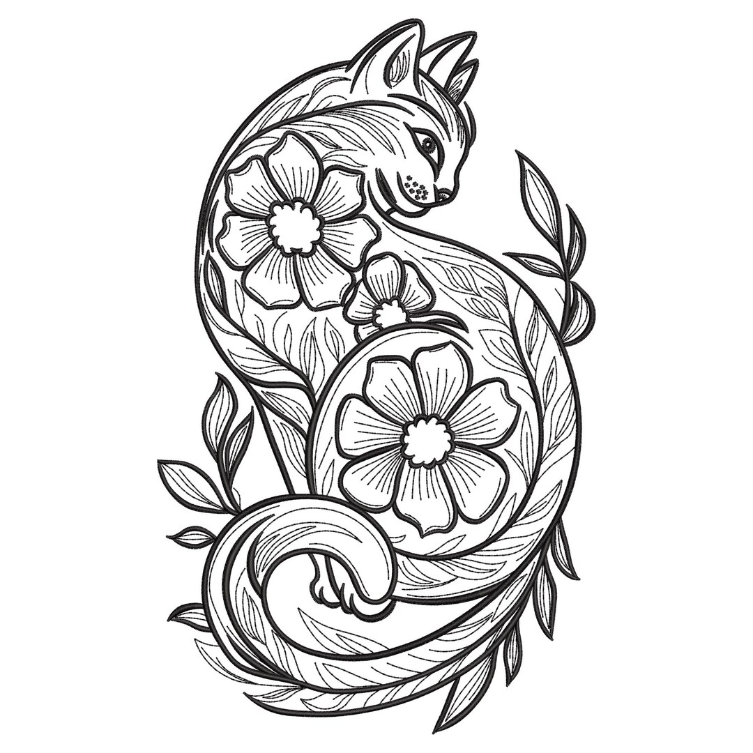Floral Feline Embroidery Design, Cat Lover Embroidery Animal File, Cat ...