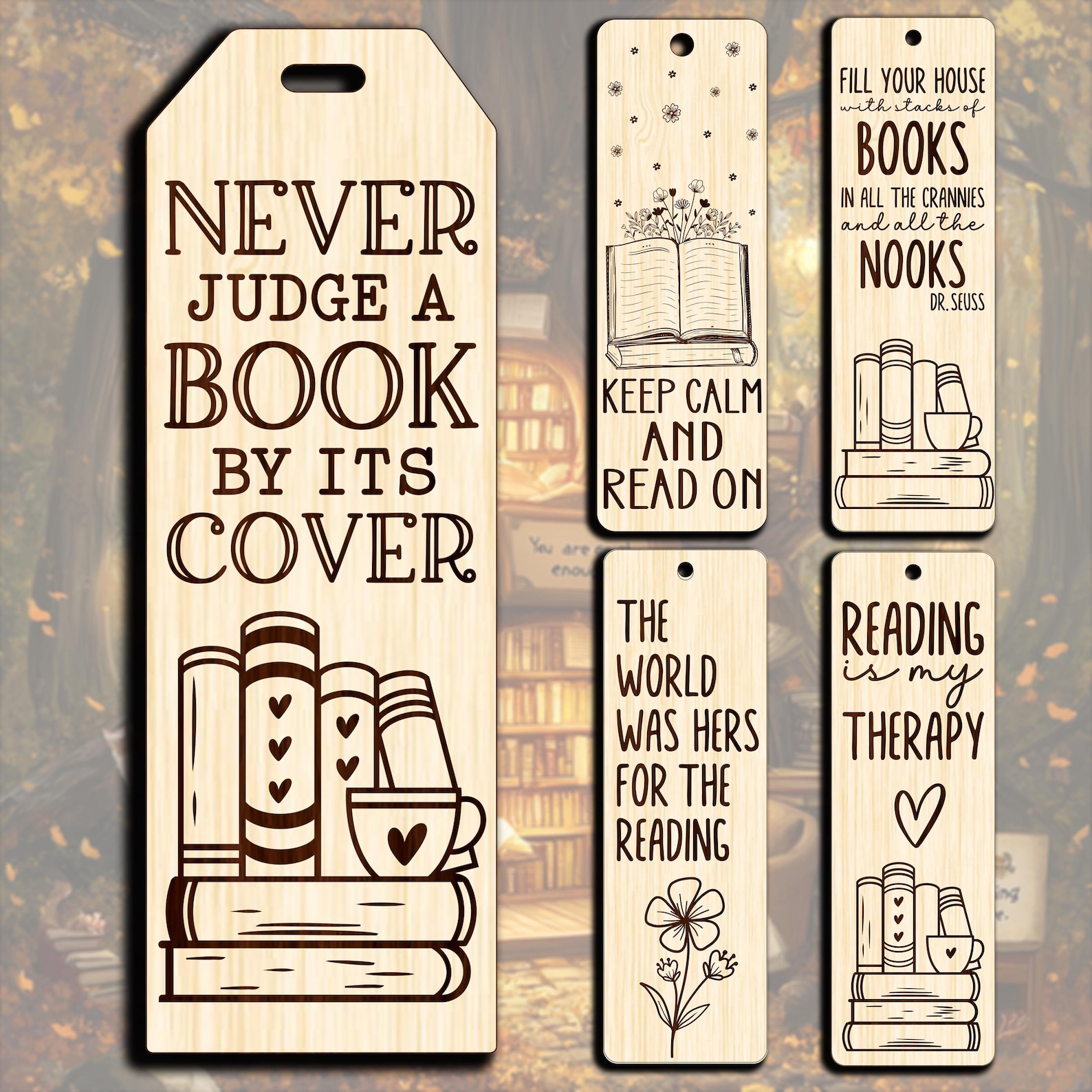 Laser Cut Wooden Bookmark Bundle: Engraved Rustic Designs (digital ...