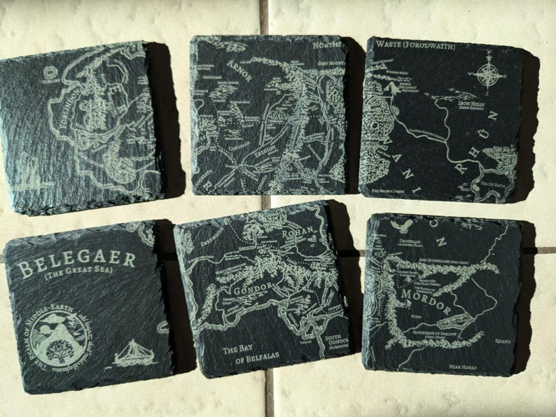Lord of the Rings Inspired Slate Coaster Set: Laser-engraved Middle ...