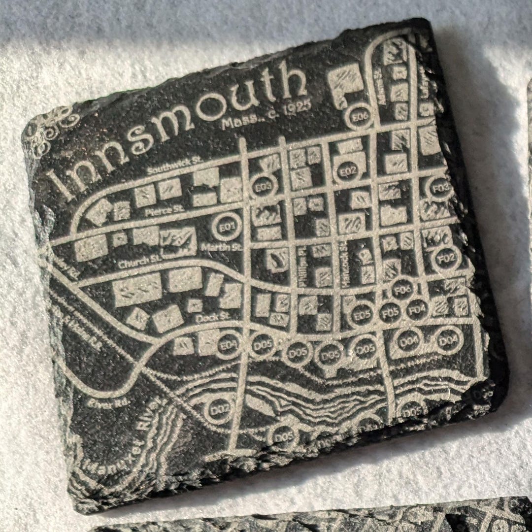 Lovecraft Innsmouth Map Laser-engraved Slate Coaster Set: Geek Horror ...