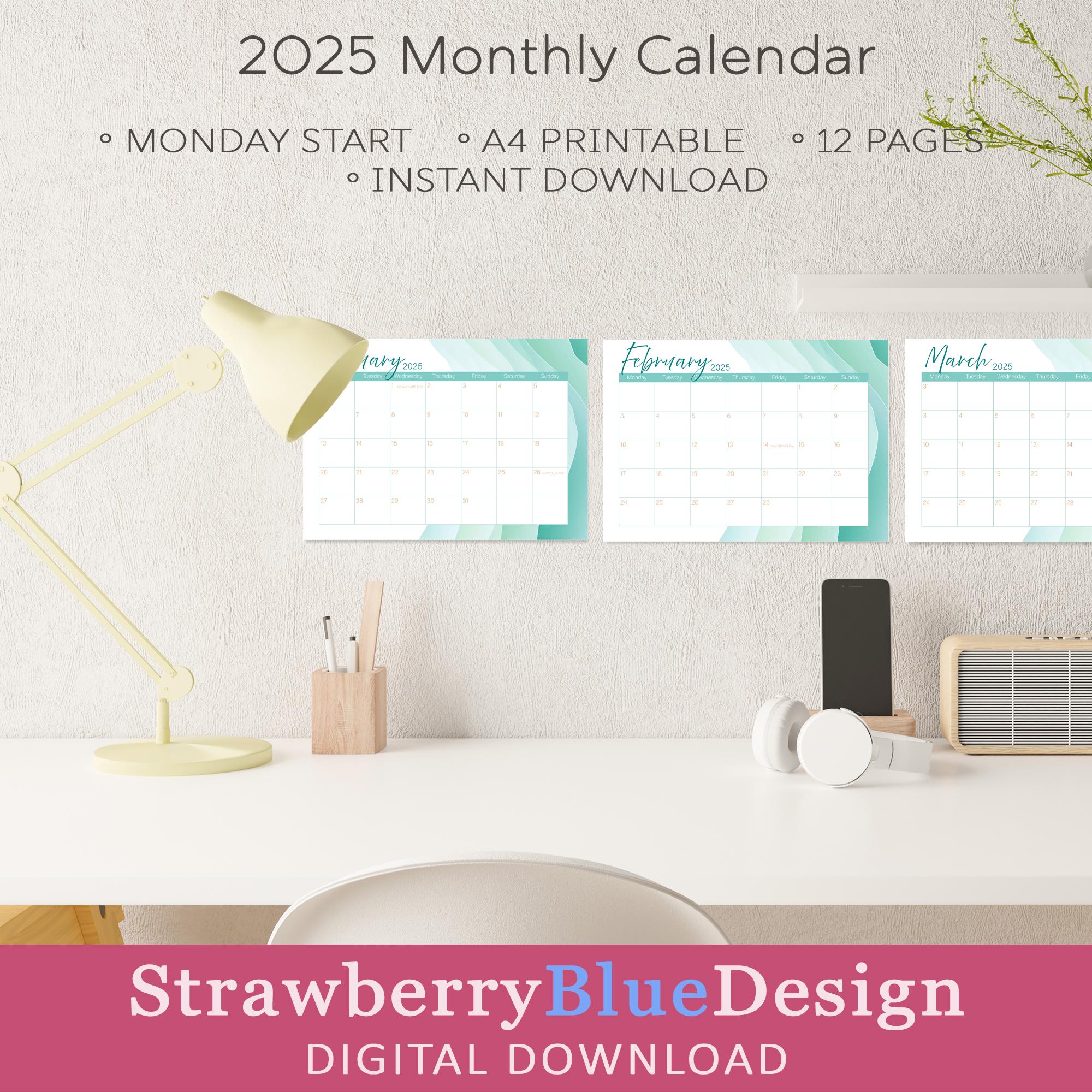 2025 A4 Printable PDF Calendar – Monday Start, Spacious Layout, Serene ...
