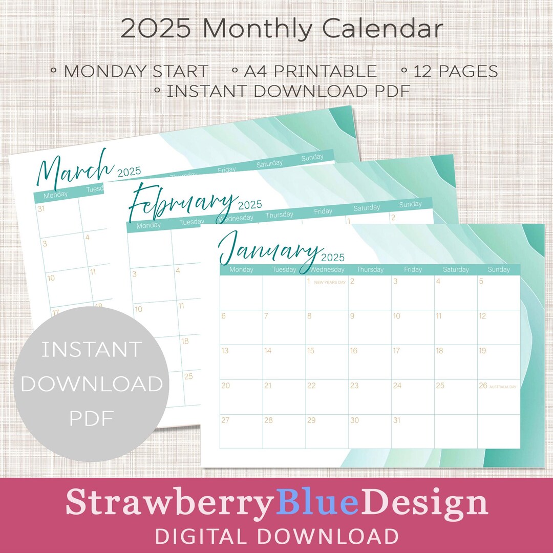 2025 A4 Printable PDF Calendar – Monday Start, Spacious Layout, Serene ...