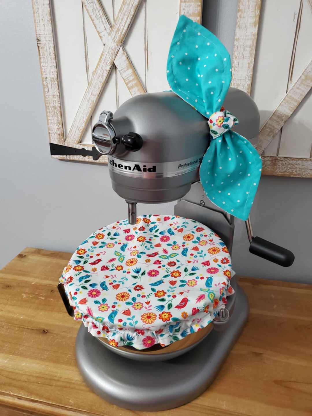 Happy Birds Handmade Reversible Mixer Set: Bowl Cover and Bow - Etsy
